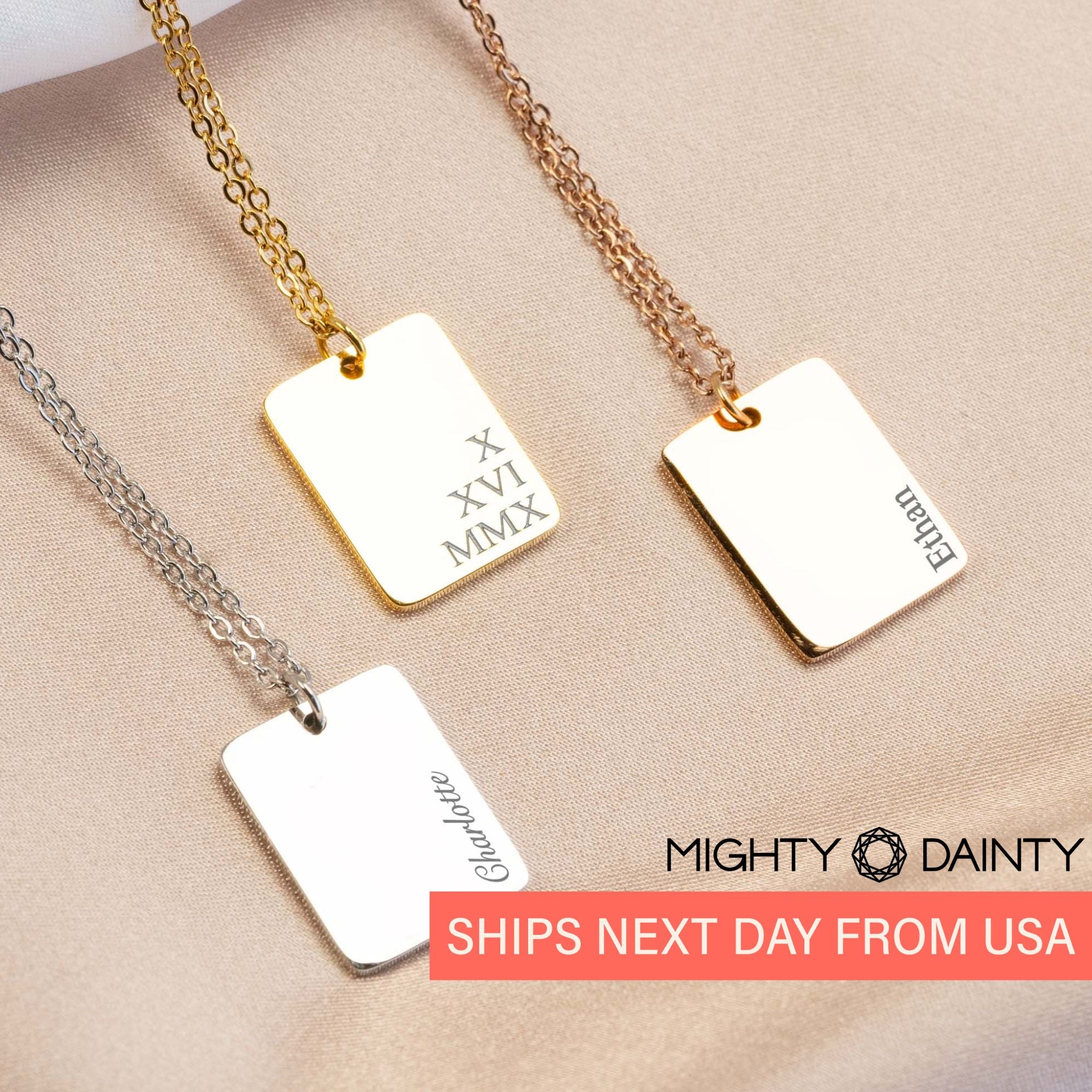 Custom Engraved Rectangle Pendant Name Necklace Gold 1 Right Horizontal
